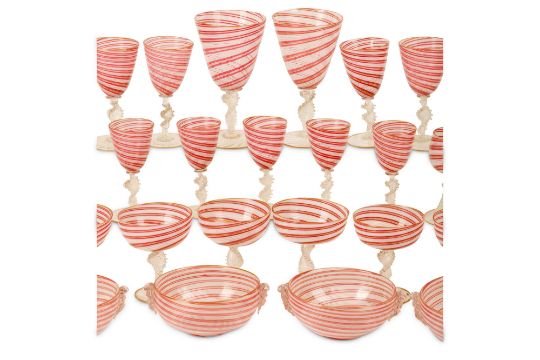 A SUITE OF VENETIAN LATTICINIO SWIRL GLASSWARE, late 19th or early 20th ...