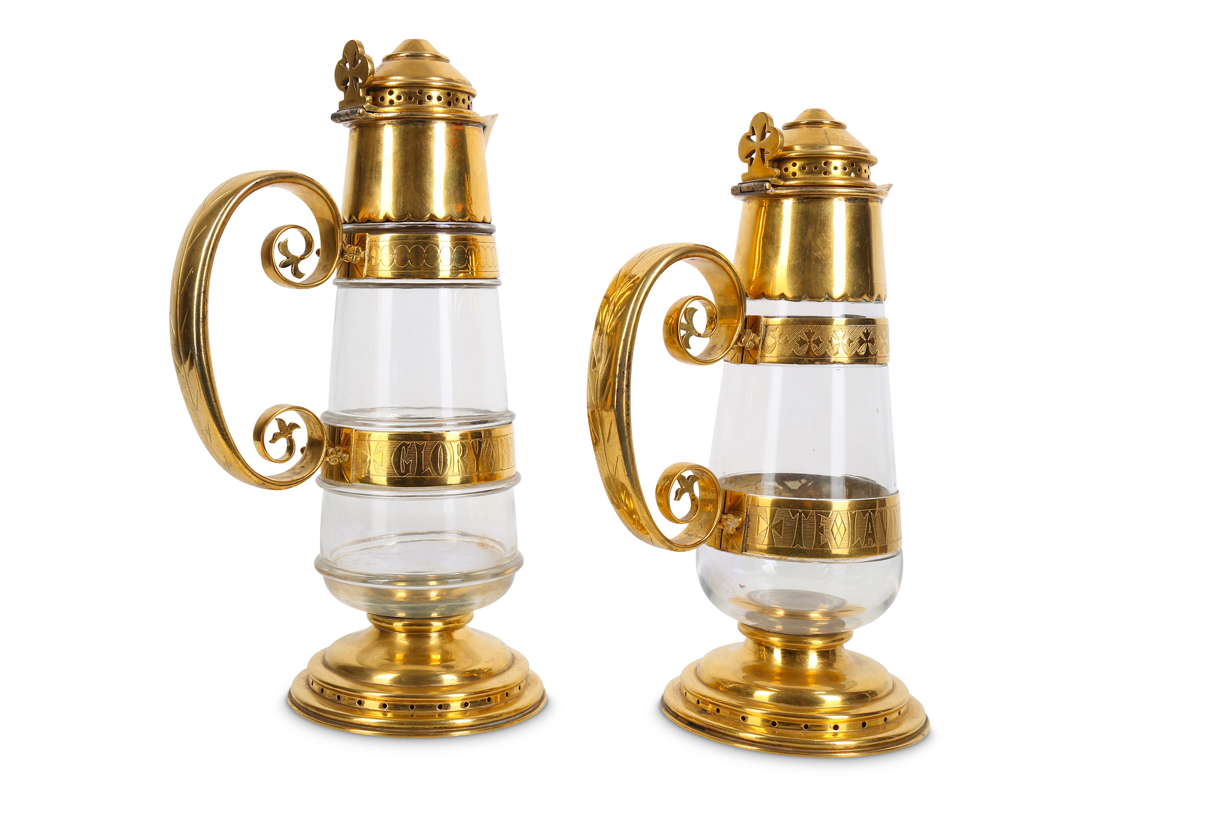 TWO MID 19TH CENTURY ENGLISH GILT METAL AND CRYSTAL GLASS CHURCH ...