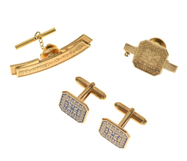 Pair of silver-gilt and enamel cufflinks, each with motto 'Per Officia ...