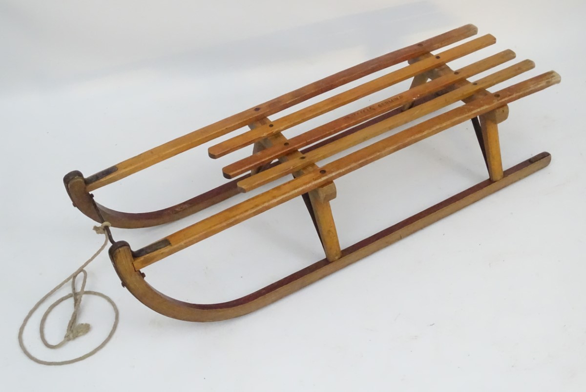 A vintage Davos Germina wooden sledge/toboggan by VEB Hachelstein, with ...