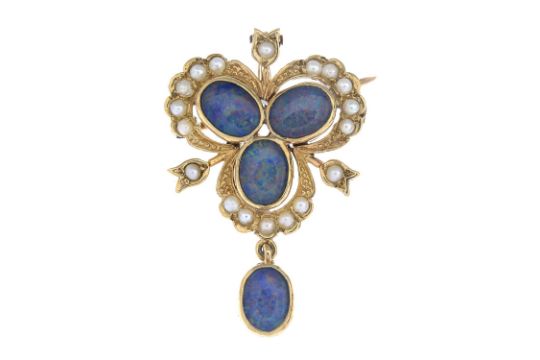 An opal triplet and split pearl pendant. Designed as an opal triplet ...