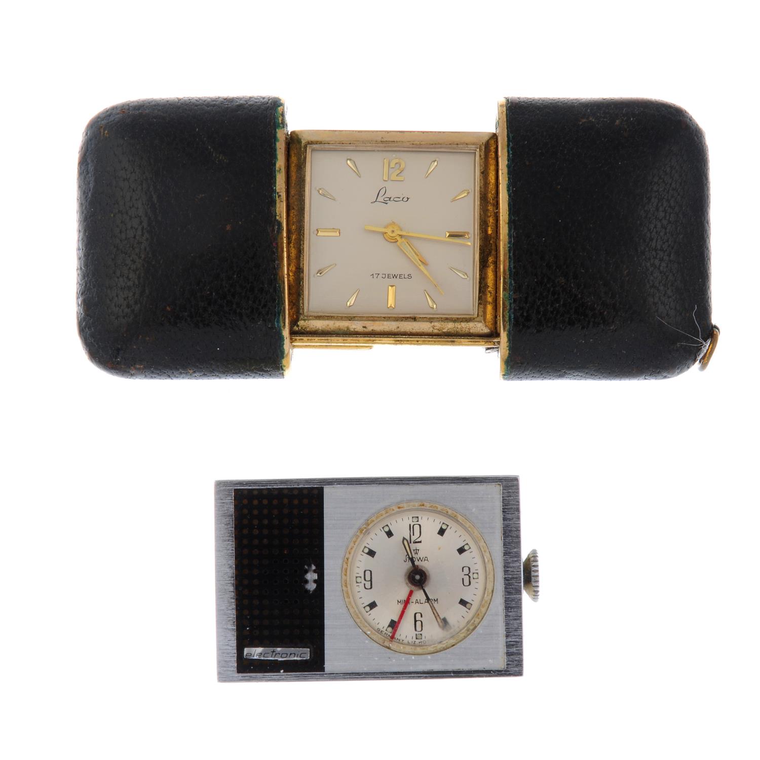 A purse watch by Laco. Leather coated gold plated case. Manual wind ...
