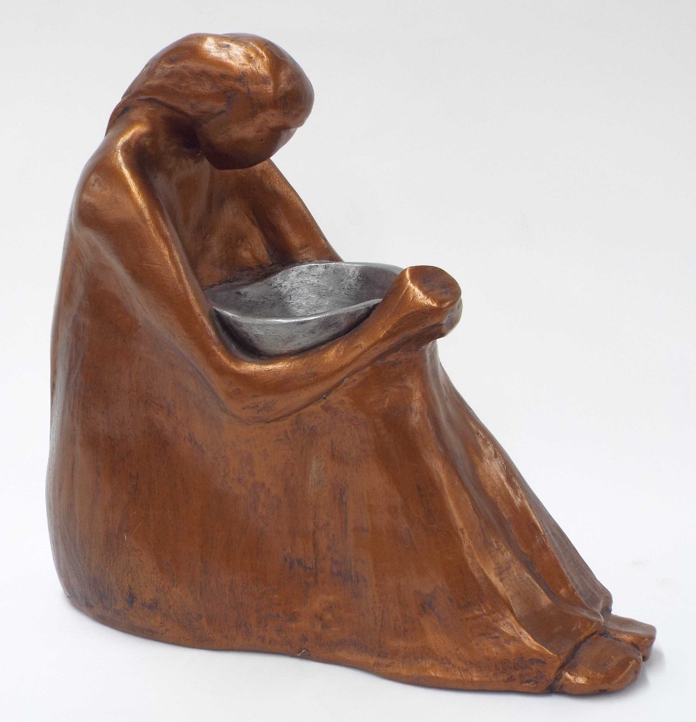 Gerd Lovold - 'The Empty Bowl' bronze coloured painted ceramic seated ...