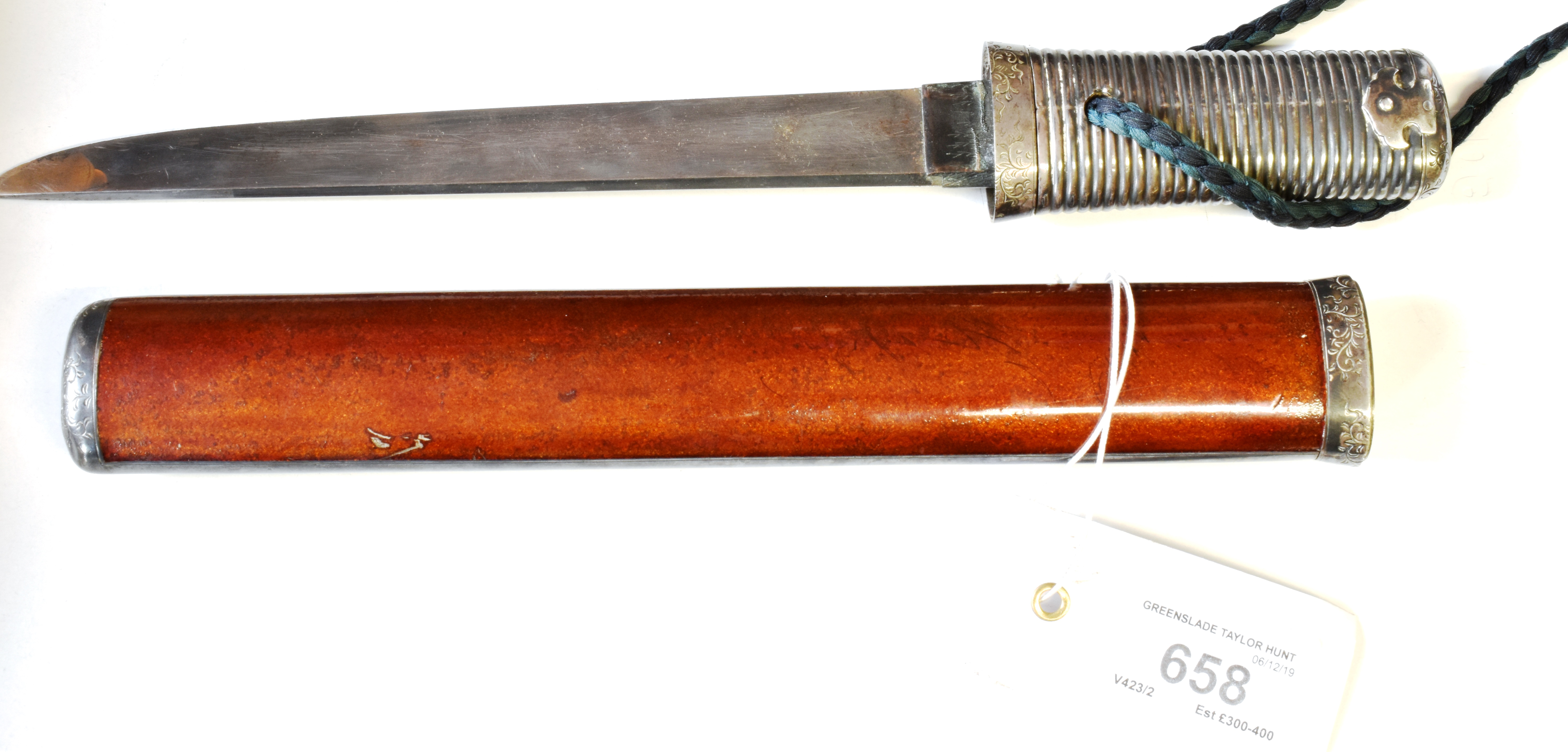 A JAPANESE SILVER MOUNTED TANTO (DAGGER) the 20cm soshu style blade ...
