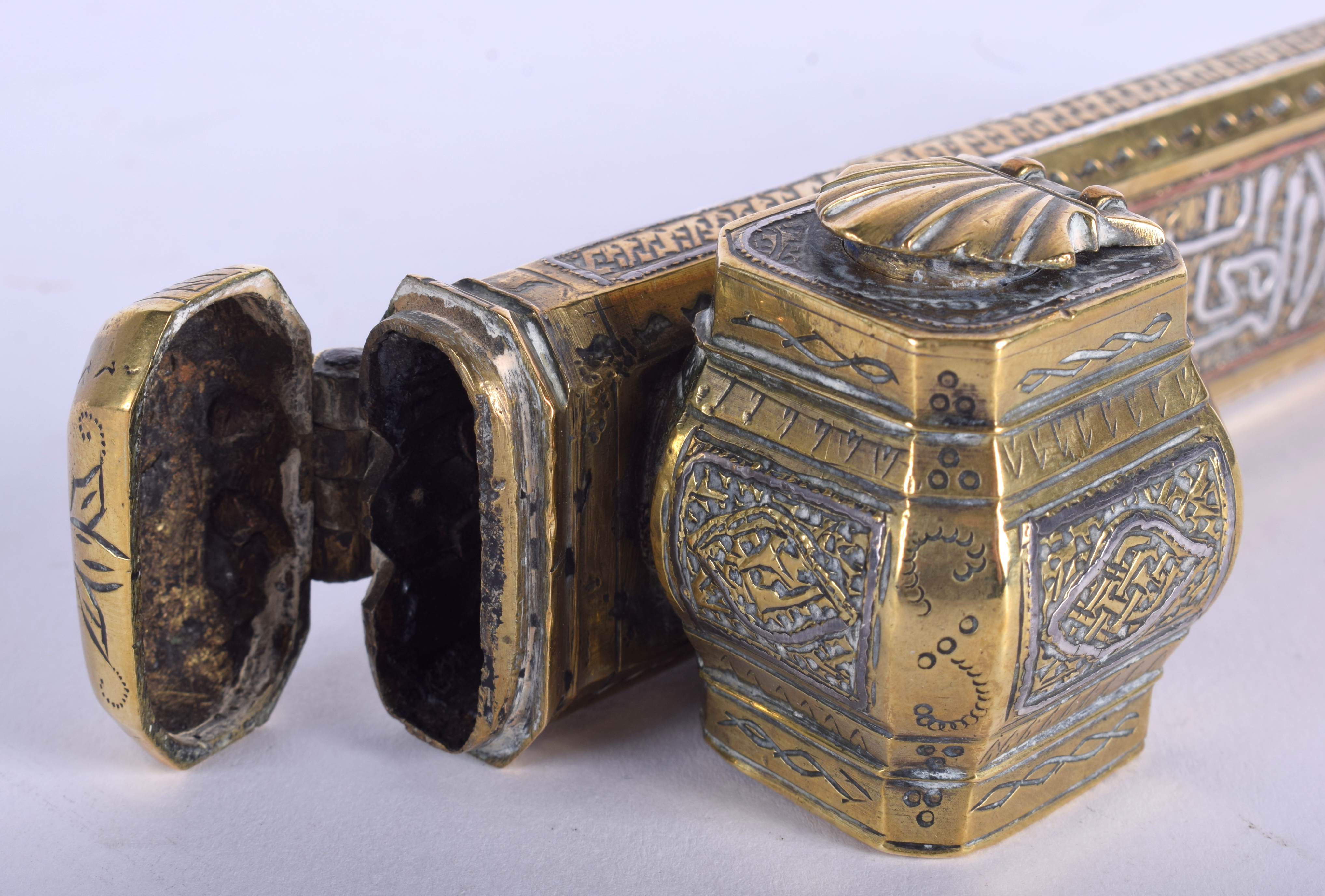 A 19TH CENTURY MIDDLE EASTERN ISLAMIC SILVER INLAID BRONZE PEN BOX with ...