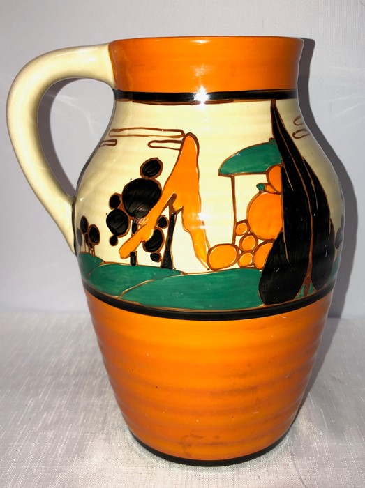 A Clarice Cliff Wilkinson Pottery Fantasaque jug, 24.5cms h, orange ...