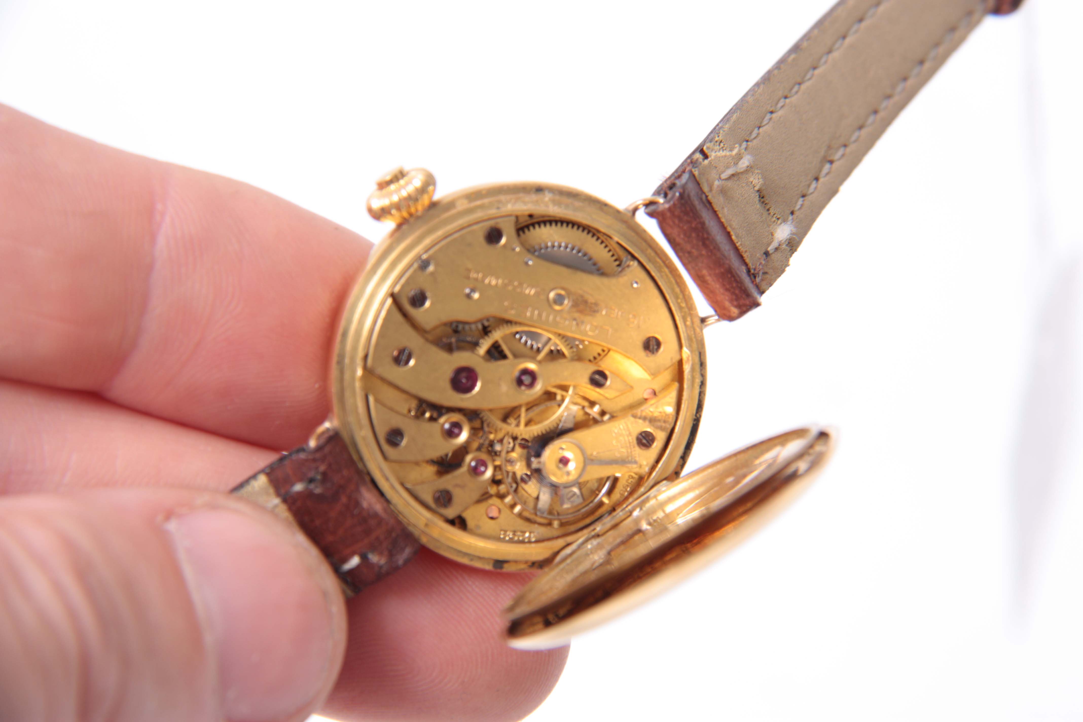 LONGINES. AN EARLY 20th CENTURY 18CT GOLD HALF HUNTER WRIST WATCH ...