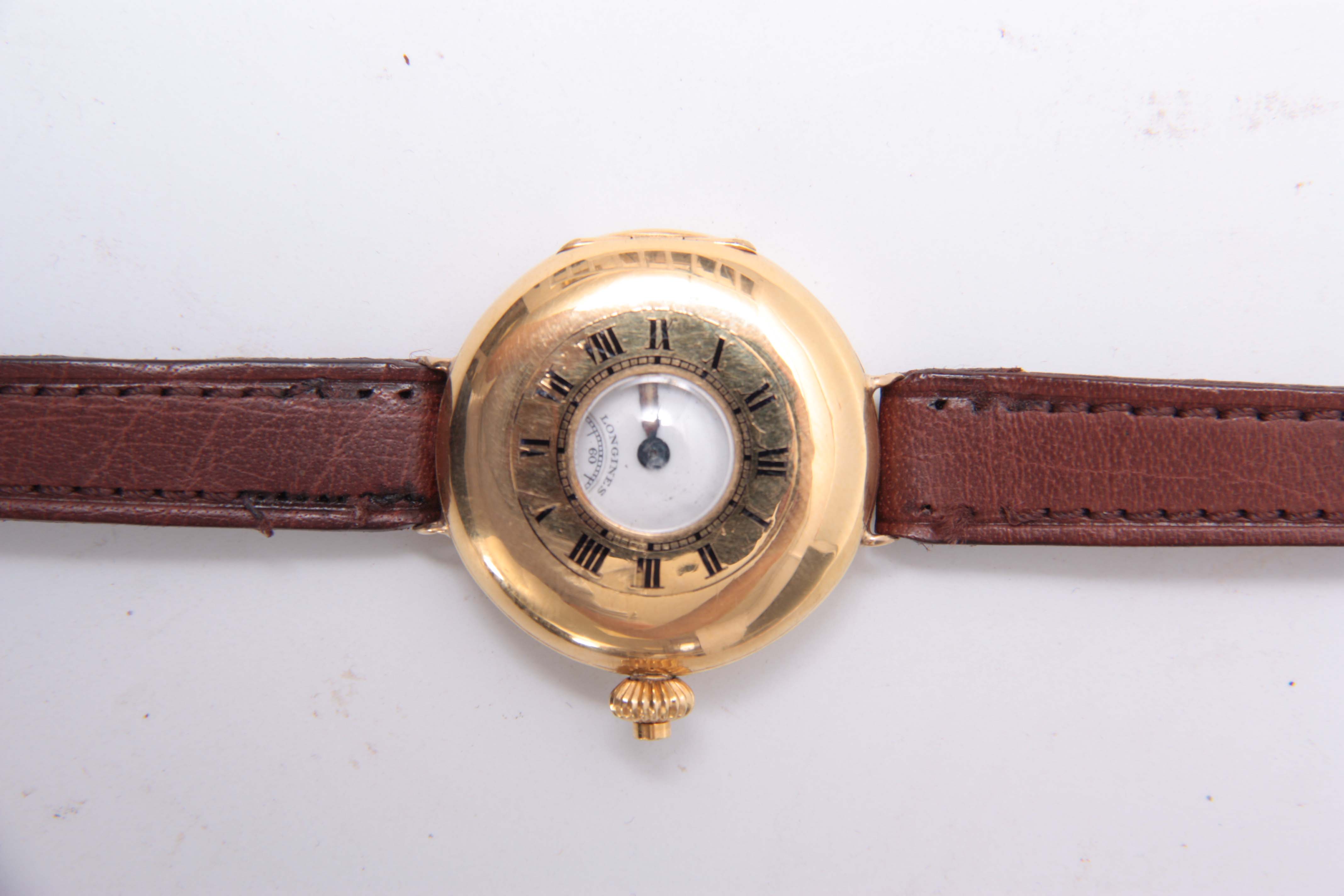 LONGINES. AN EARLY 20th CENTURY 18CT GOLD HALF HUNTER WRIST WATCH ...