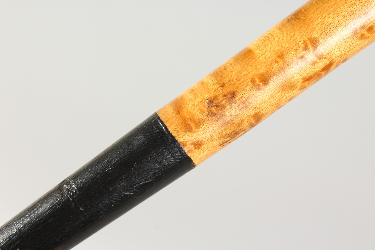A CONTINENTAL GOLD TOP BURR WOOD WALKING STICK. 42ins long.
