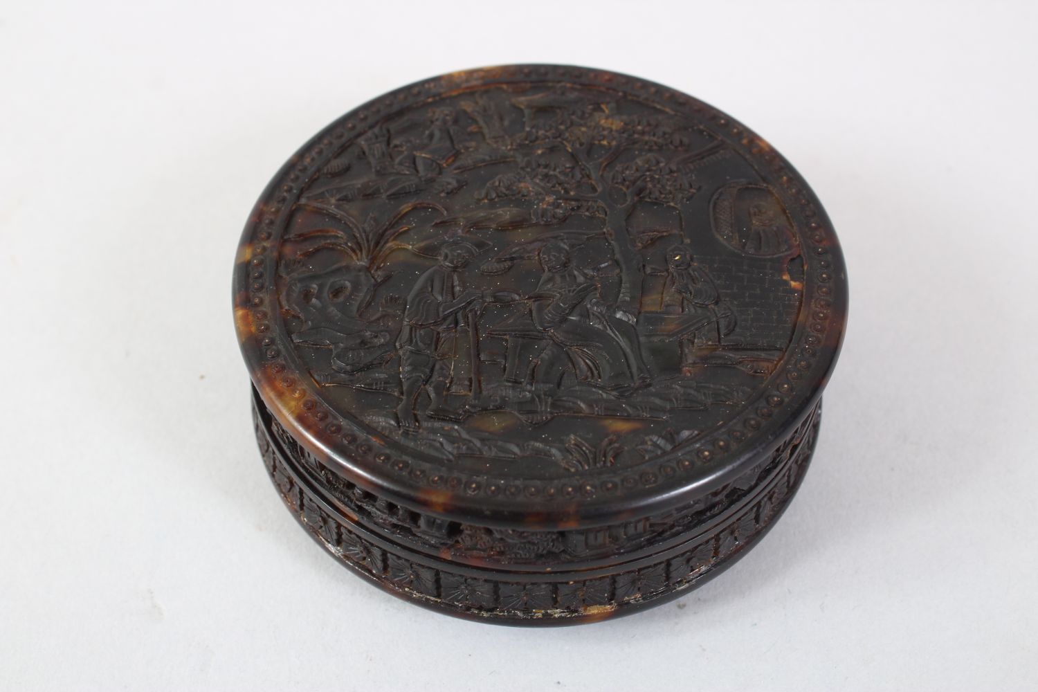 A GOOD 19TH CENTURY CHINESE CARVED TORTOISESHELL BOX AND COVER, the box ...