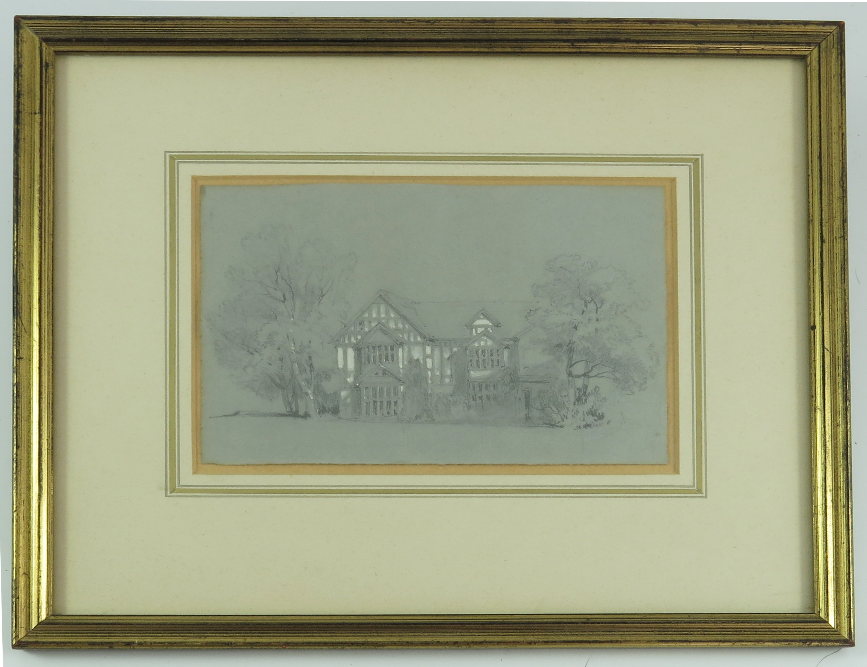 WATERCOLOUR HEIGHTENED SKETCH OF COUNTRY MANOR LABELLED VERSO JOHN ...