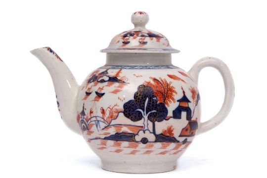 Lowestoft porcelain tea pot and cover circa 1780, decorated in iron red ...
