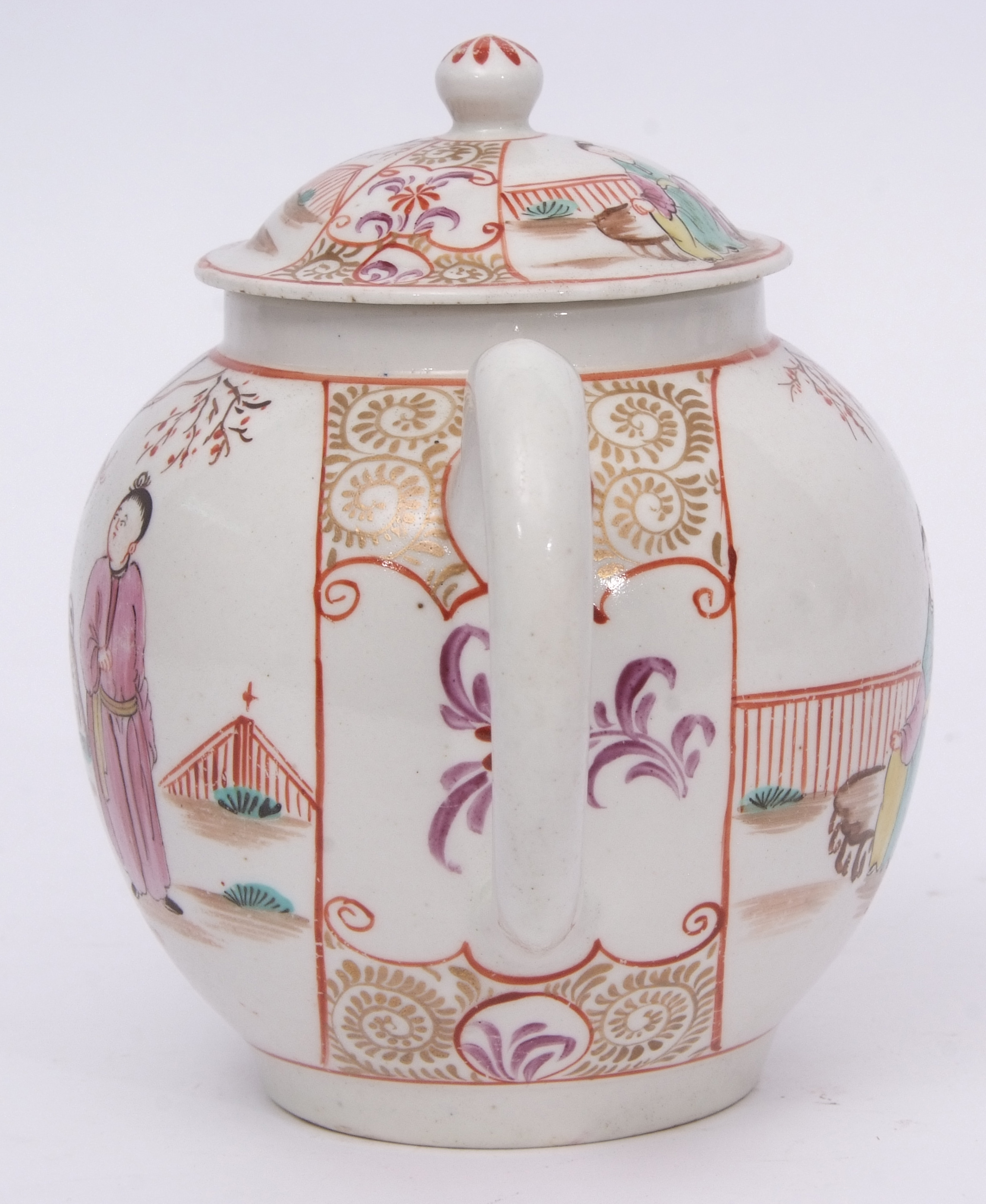 Lowestoft tea pot and cover, circa 1780, decorated in polychrome with ...