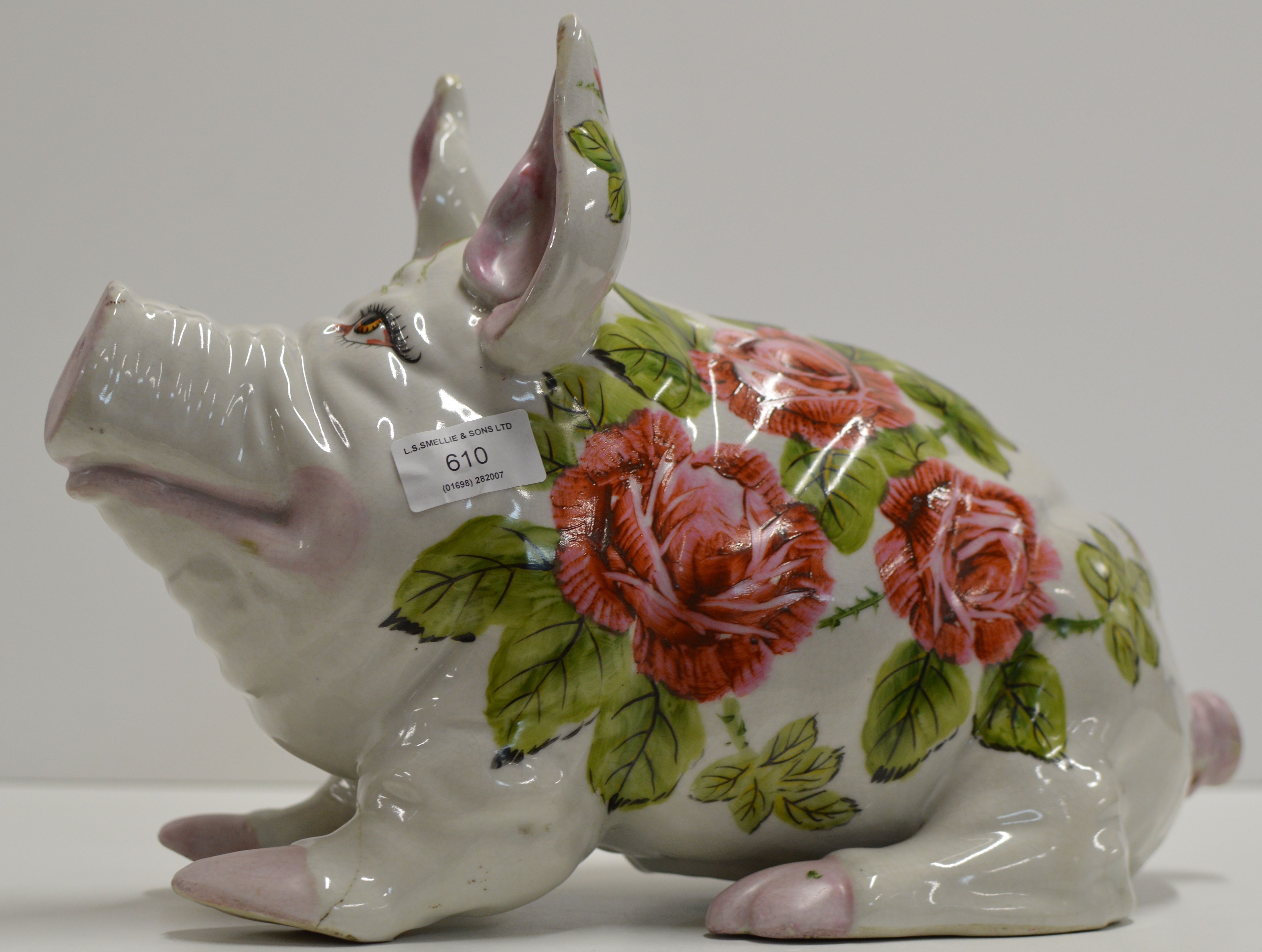 A LARGE & VINTAGE POTTERY PIG DISPLAY IN THE STYLE OF WEMYSS, HAND ...