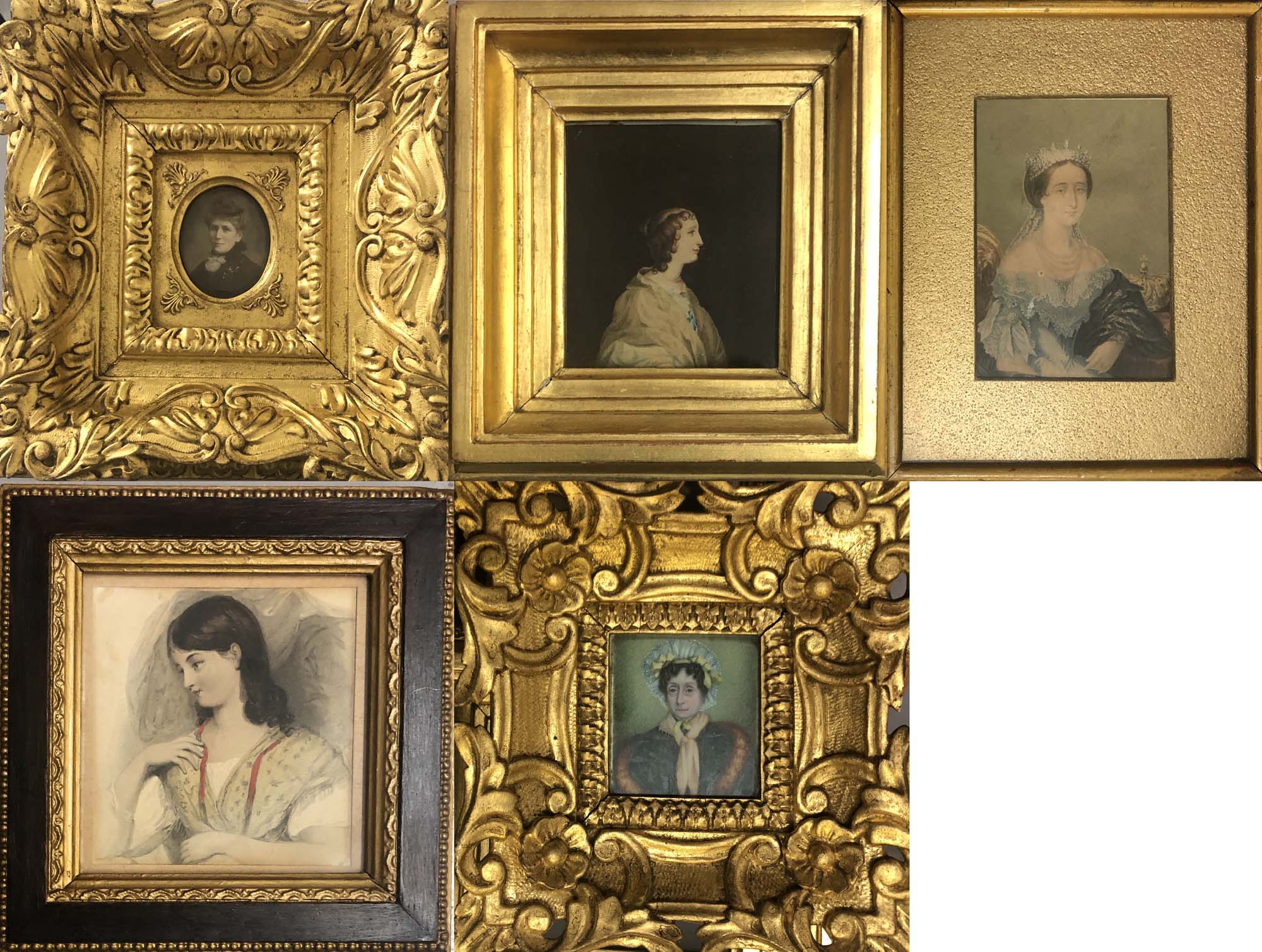 FRAMED PORTRAITS. Five small portraits of women in similar styles with ...
