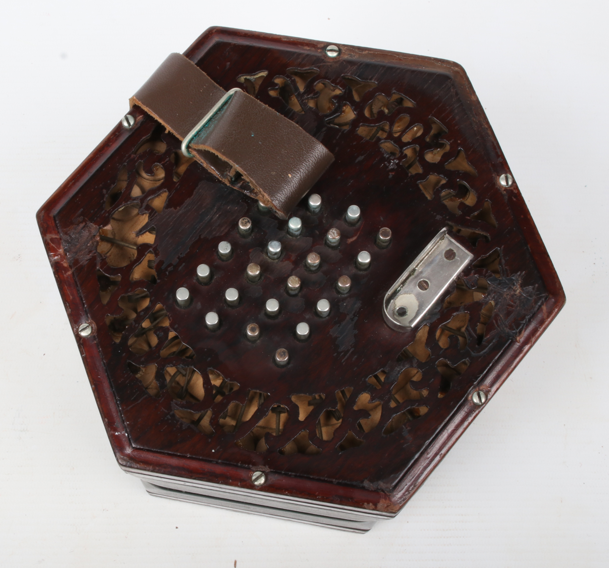A 19th century rosewood concertina of hexagonal form in case. No serial ...