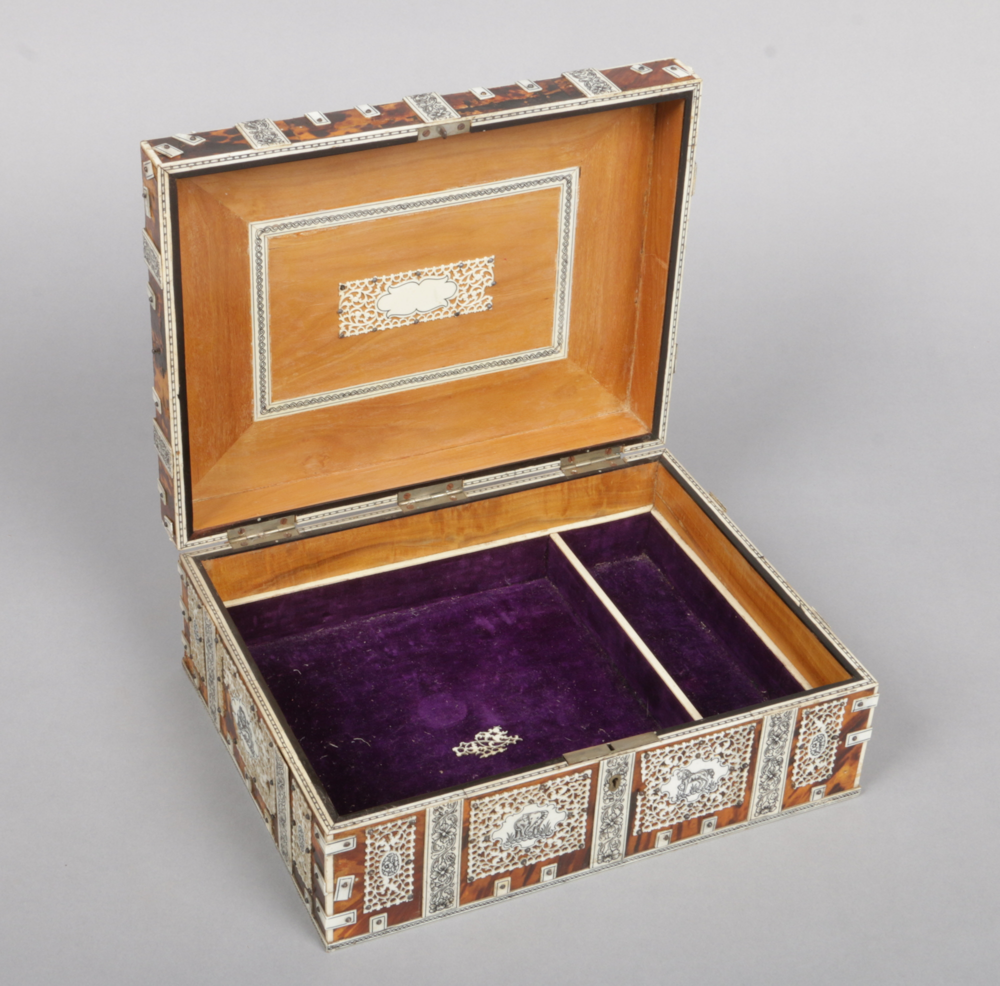 A 19th century Anglo Indian ivory and tortoiseshell mounted table box ...