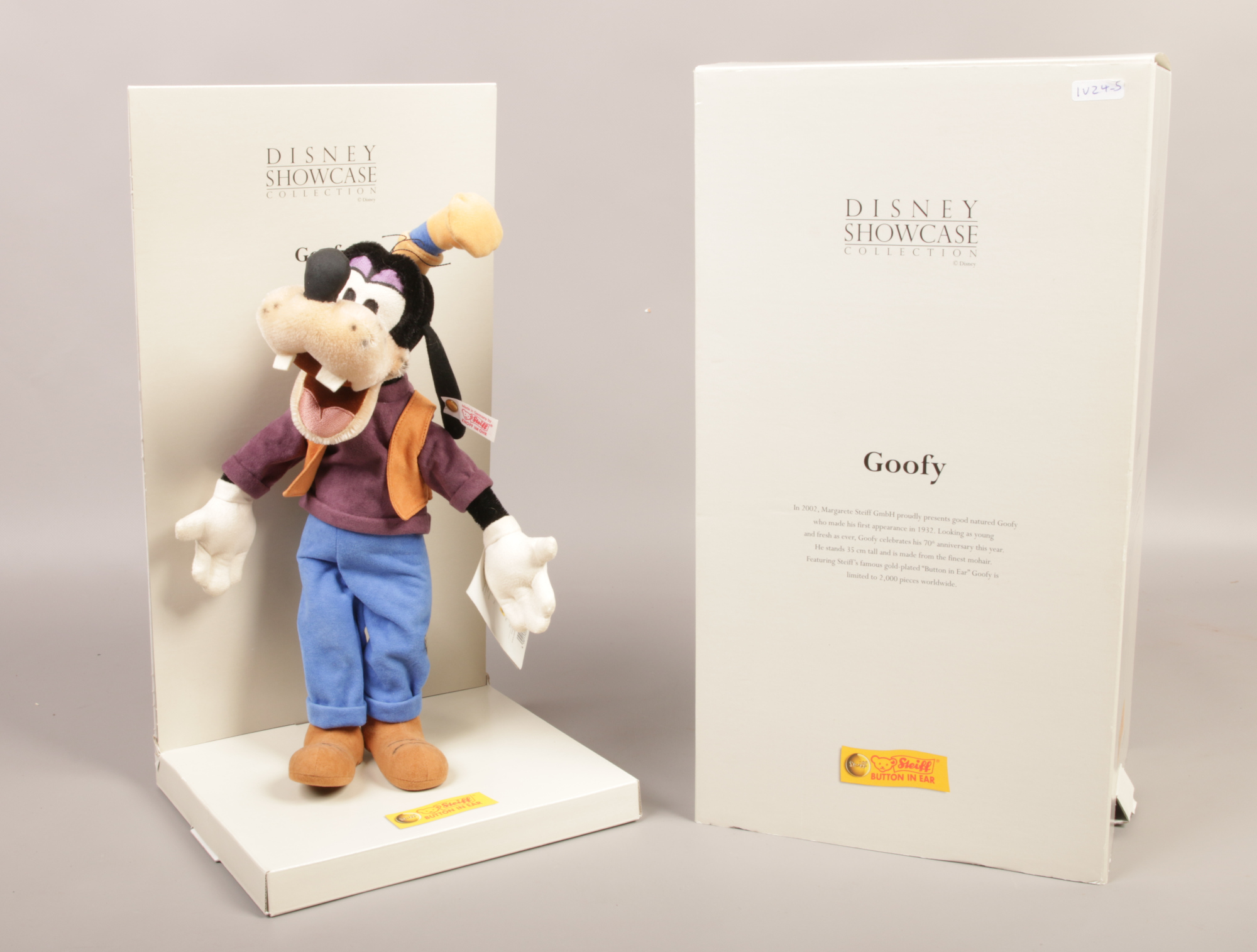 A boxed Steiff Disney showcase collection Goofy mohair soft toy.
