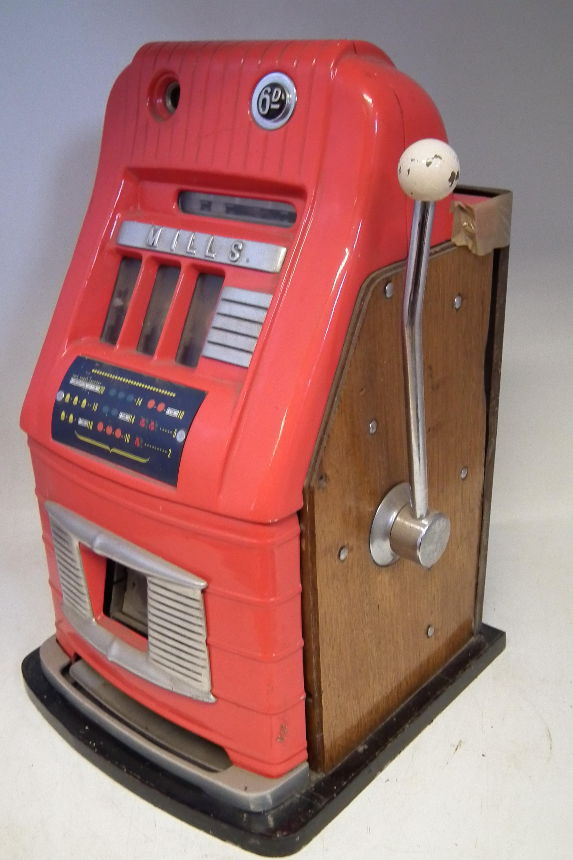 Mills One Arm Bandit three drum fruit machine, running of six pence ...