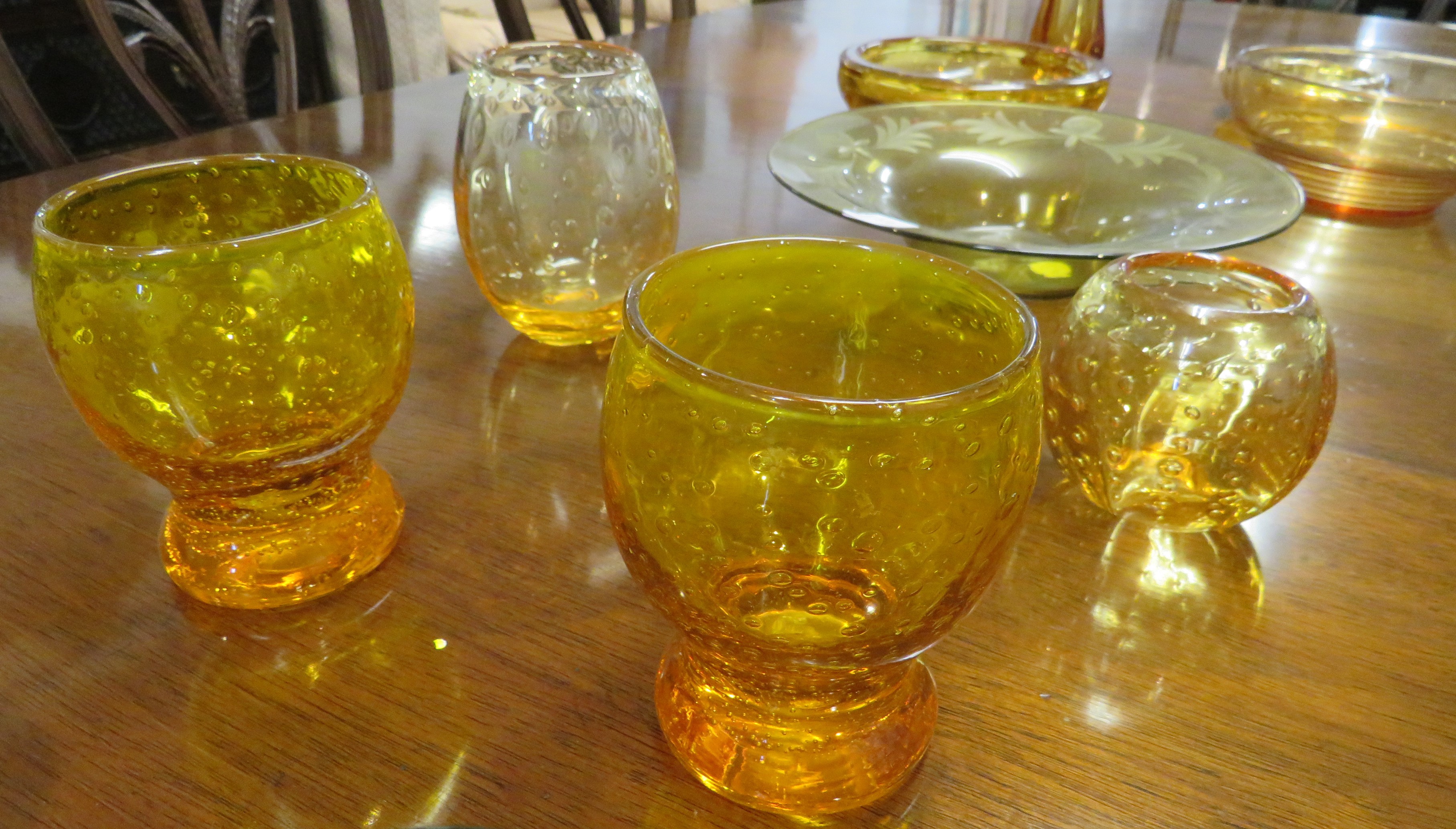 A selection of Whitefriars amber colour bubble glass - ribbed bowl ...