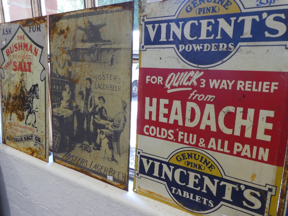 Four old tin advertising signs for Vincent's Powders, Bushman table ...