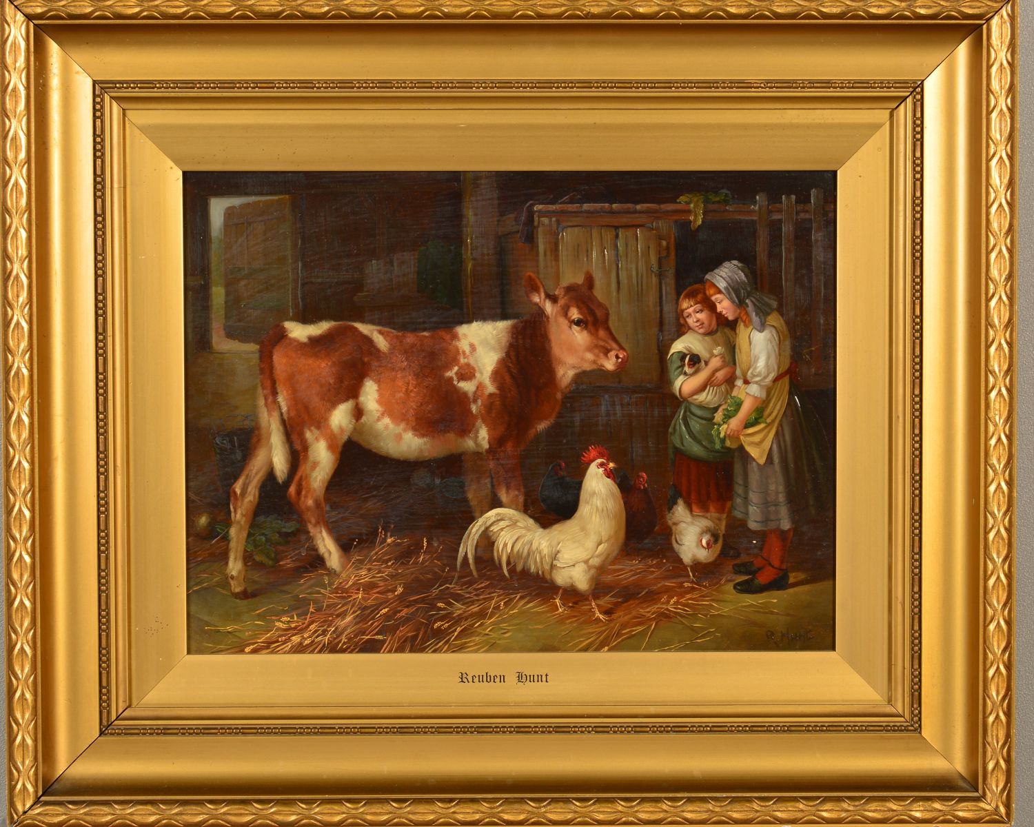 REUBEN HUNT (BRITISH, 1879-1962), Feeding Time, two girls in a barn ...