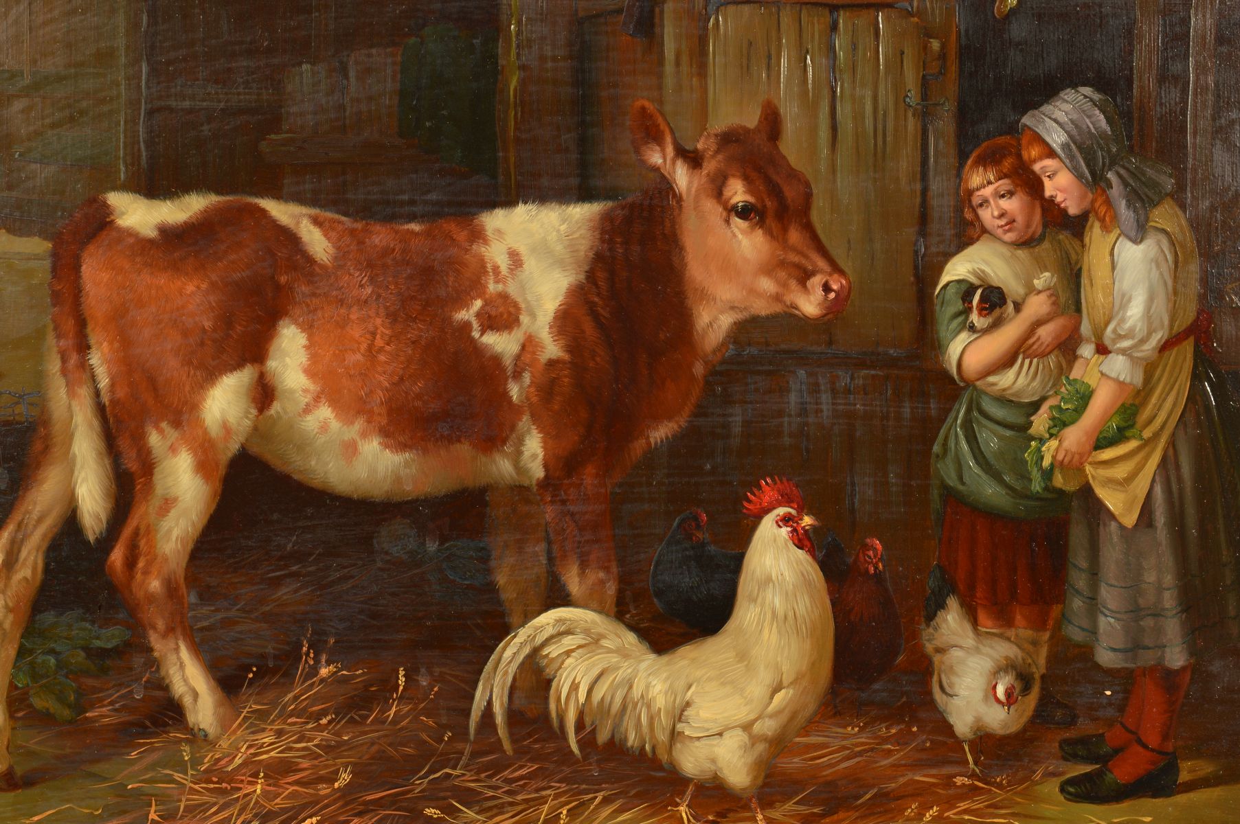 REUBEN HUNT (BRITISH, 1879-1962), Feeding Time, two girls in a barn ...
