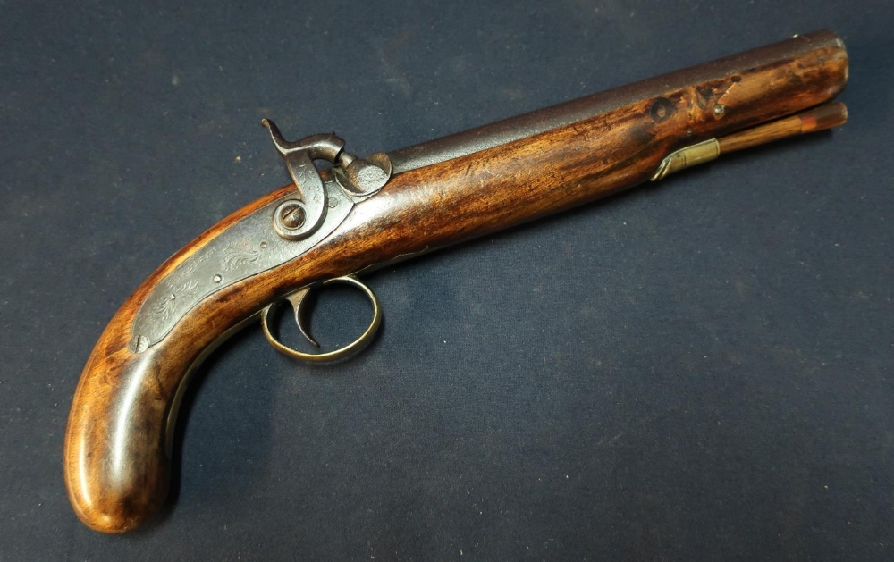 Percussion cap pistol with 8 1/2 inch barrel and engraved brass trigger ...