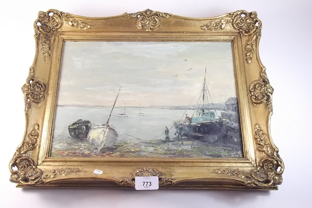 Phyllis Morgan - oil on canvas Thames Estuary scene with fishing boats ...
