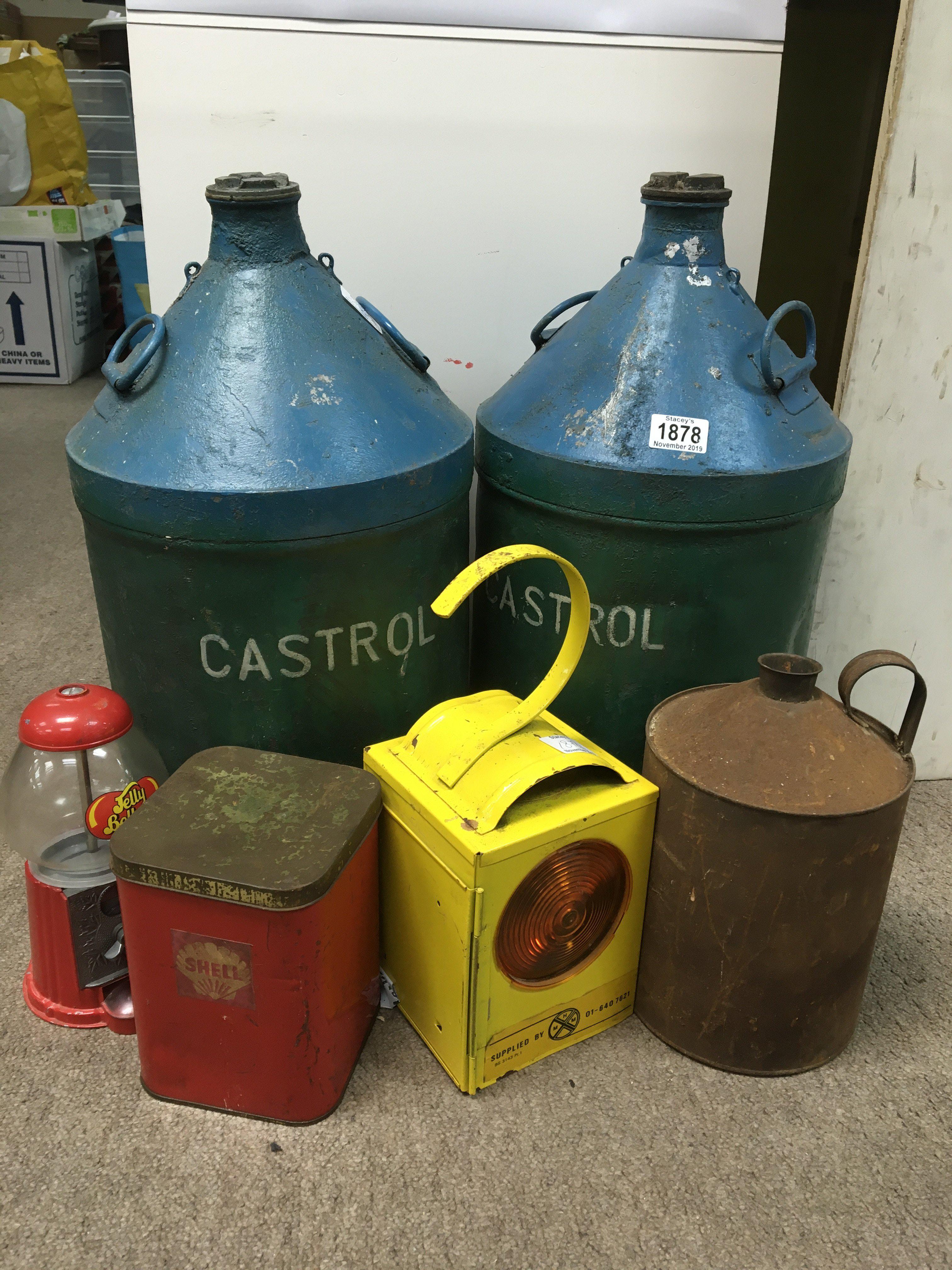 Two Castrol oil 5 gallon cans and road lap, parrafin can, tin etc