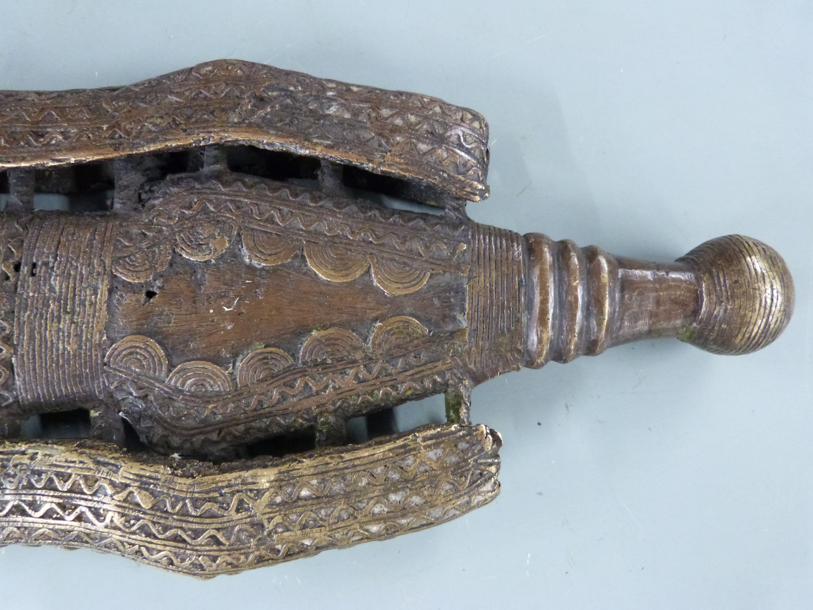 African, Ashanti/Benin ceremonial brass figural dagger in sheath, L48cm