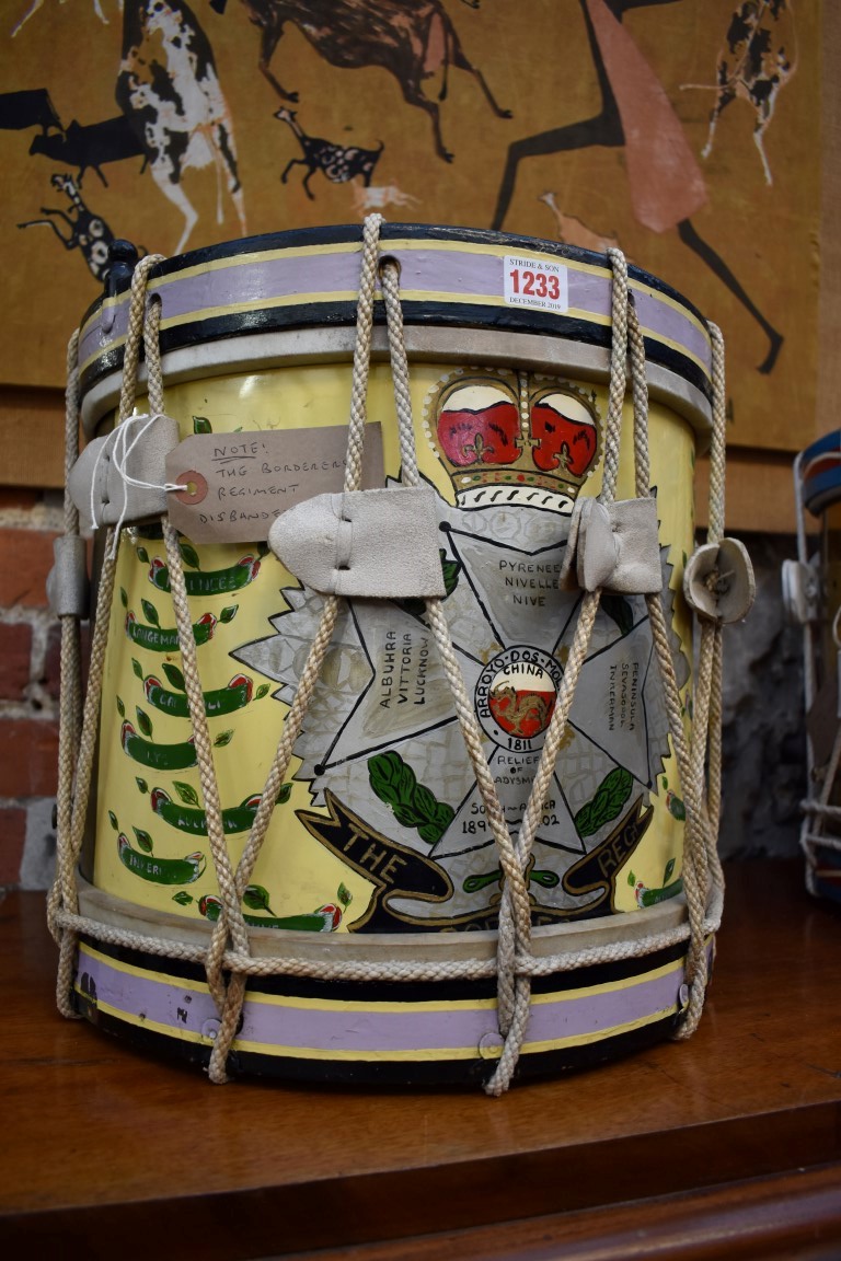 An early 20th century military drum, painted with the crest of The ...