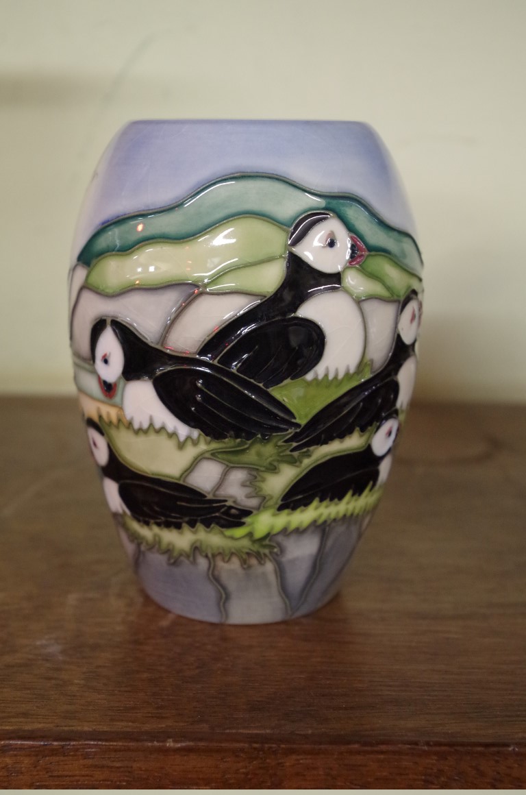 A Moorcroft 'Puffin' pattern ovoid vase, 13.5cm high.
