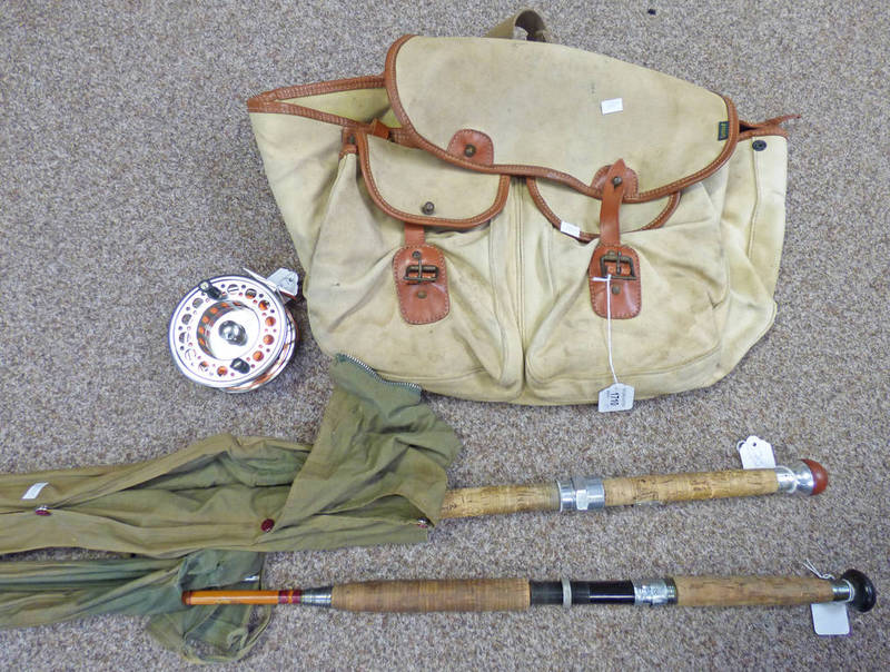 BARBOUR FISHING BAG, SCIERRA REEL, ALLCOCKS SAPPER ROD AND A GRAHAM ...