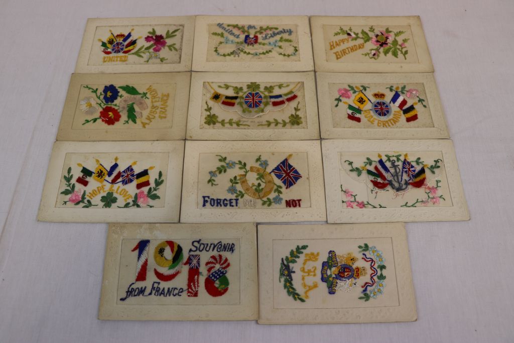 A Collection Of Eleven World War One / WW1 Embroidered Silk Postcards.