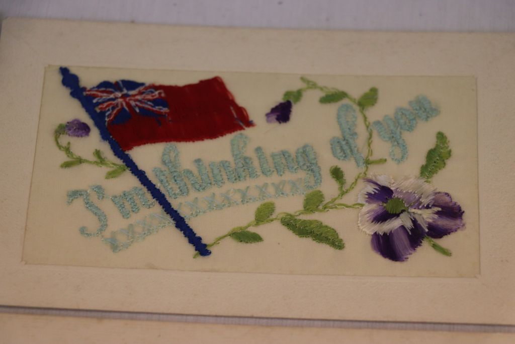 A Collection Of Fifteen World War One / WW1 Embroidered Silk Postcards.