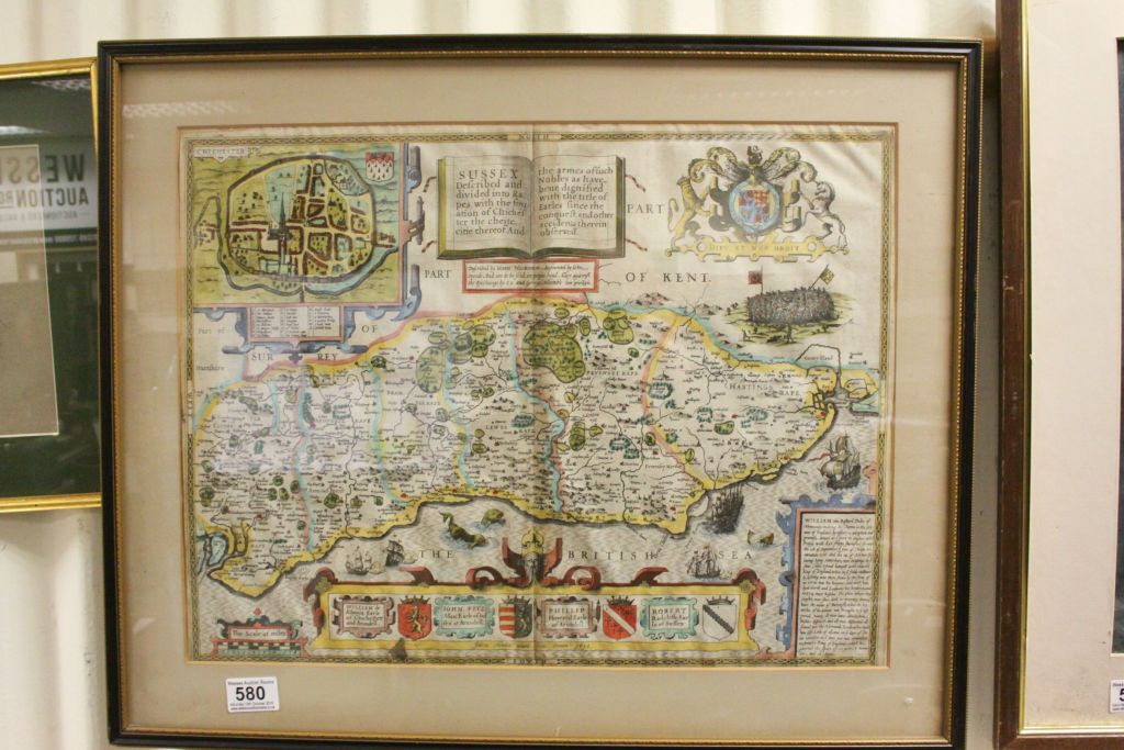 John Speed circa 1610 framed map pf Sussex described and divided into rapes