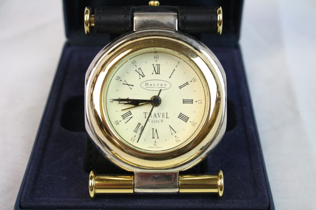 Boxed Dalvey Scotland travel clock including instructions and guarantee