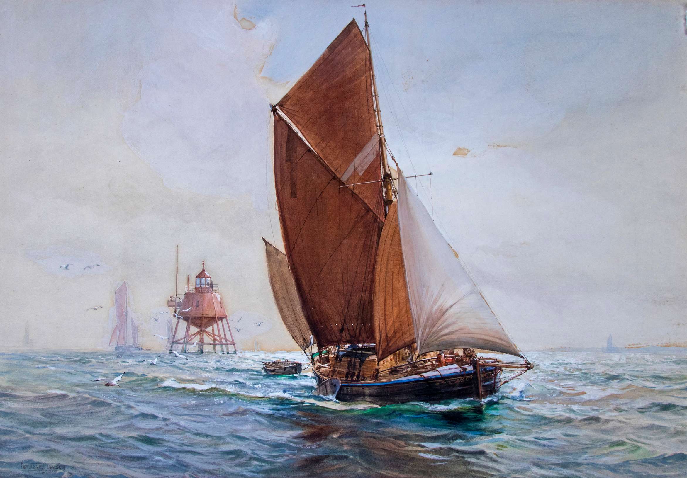 ‡Montague Dawson (1895-1973)A Thames Hay Barge off the Maplin Sands ...
