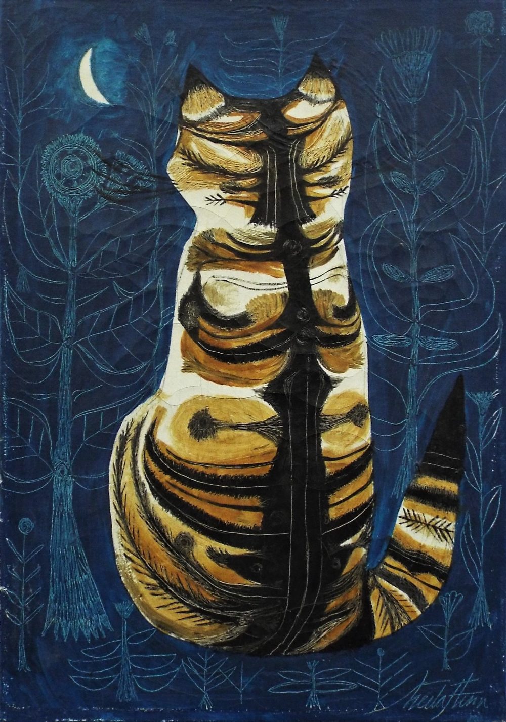 Sheila Flinn (B.1929) - 'Cat in Moonlight', signed, label verso, oil on ...