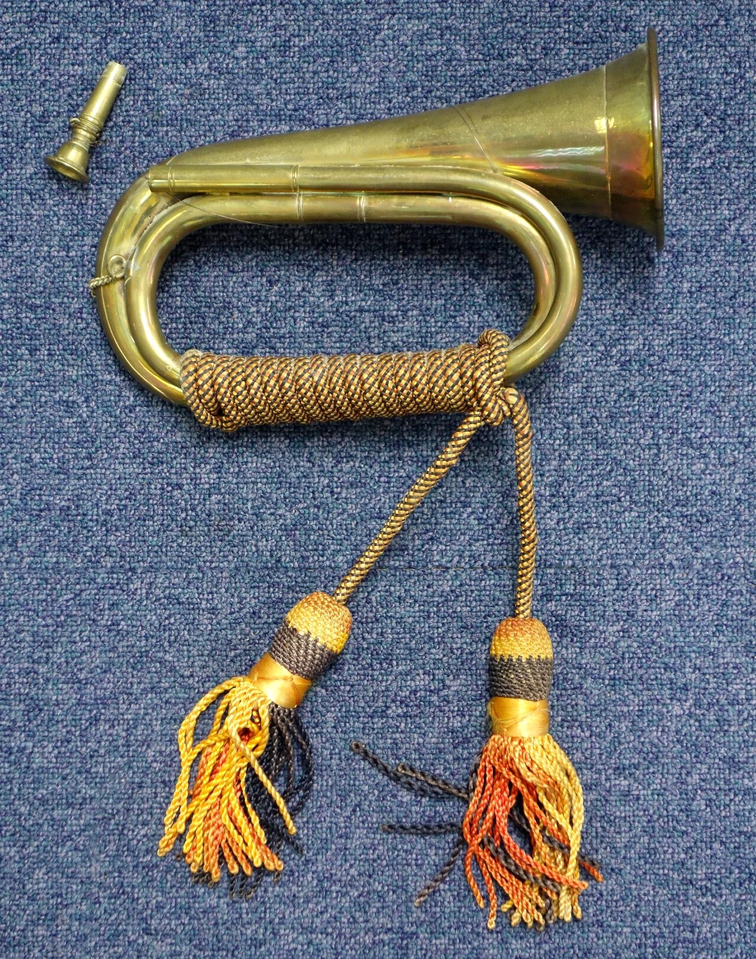 BRASS BUGLE WITH TASSELS (H.28 CM) AND AN ELIZABETH II ROYAL ENGINEERS ...