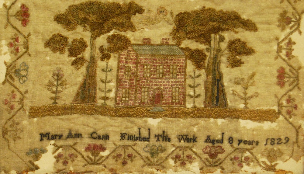 Early 19th century sampler by Mary Ann Cann, aged 8, 1829, depicting a ...