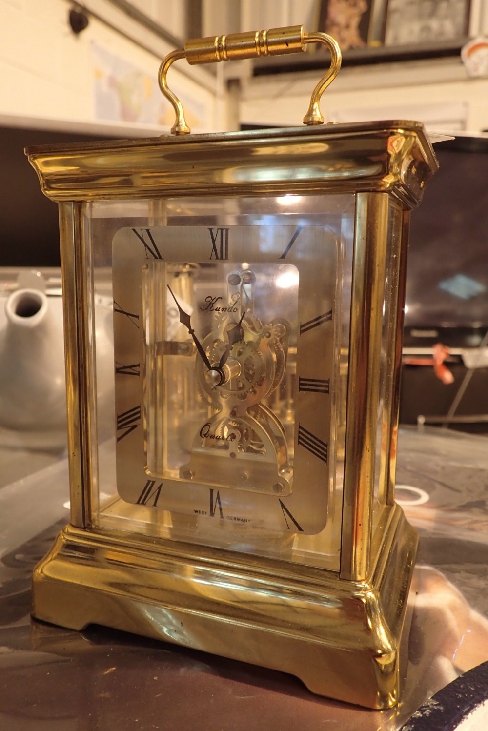 German brass skeleton carriage clock with quartz movement