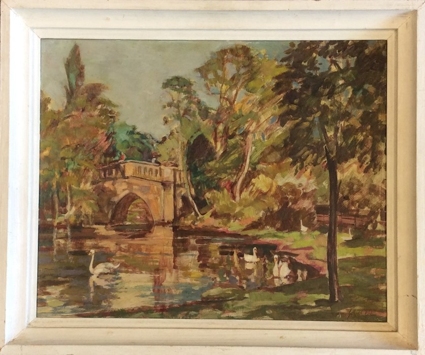 GILBERT GEE: A framed oil on board depicting a bridge over water by a ...