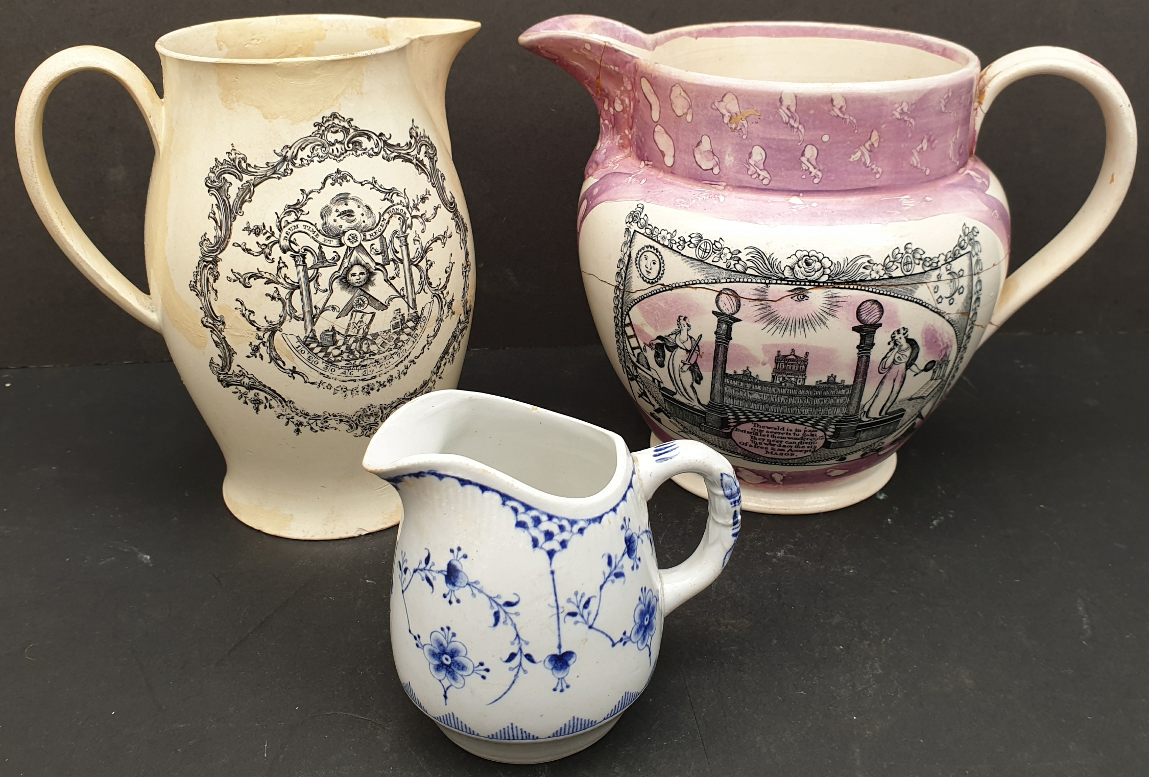 Antique Jugs 2 x Masonic Jugs one late 1700's A/F and a Furnivals Ltd ...