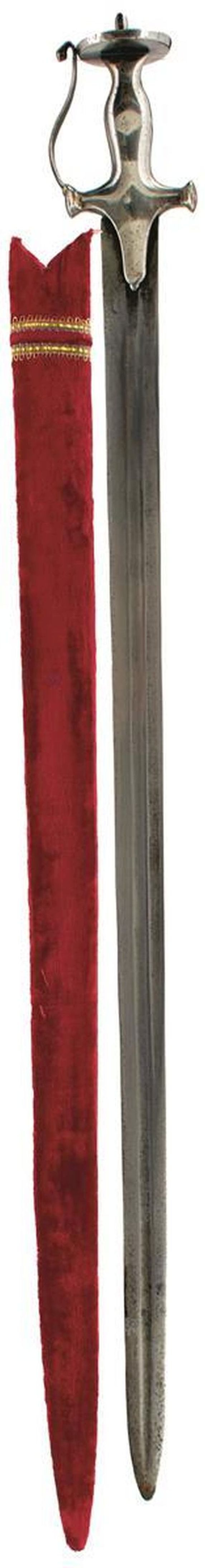 A 19TH CENTURY INDIAN KIRACH OR STRAIGHT SWORD, 79.5cm double fullered ...