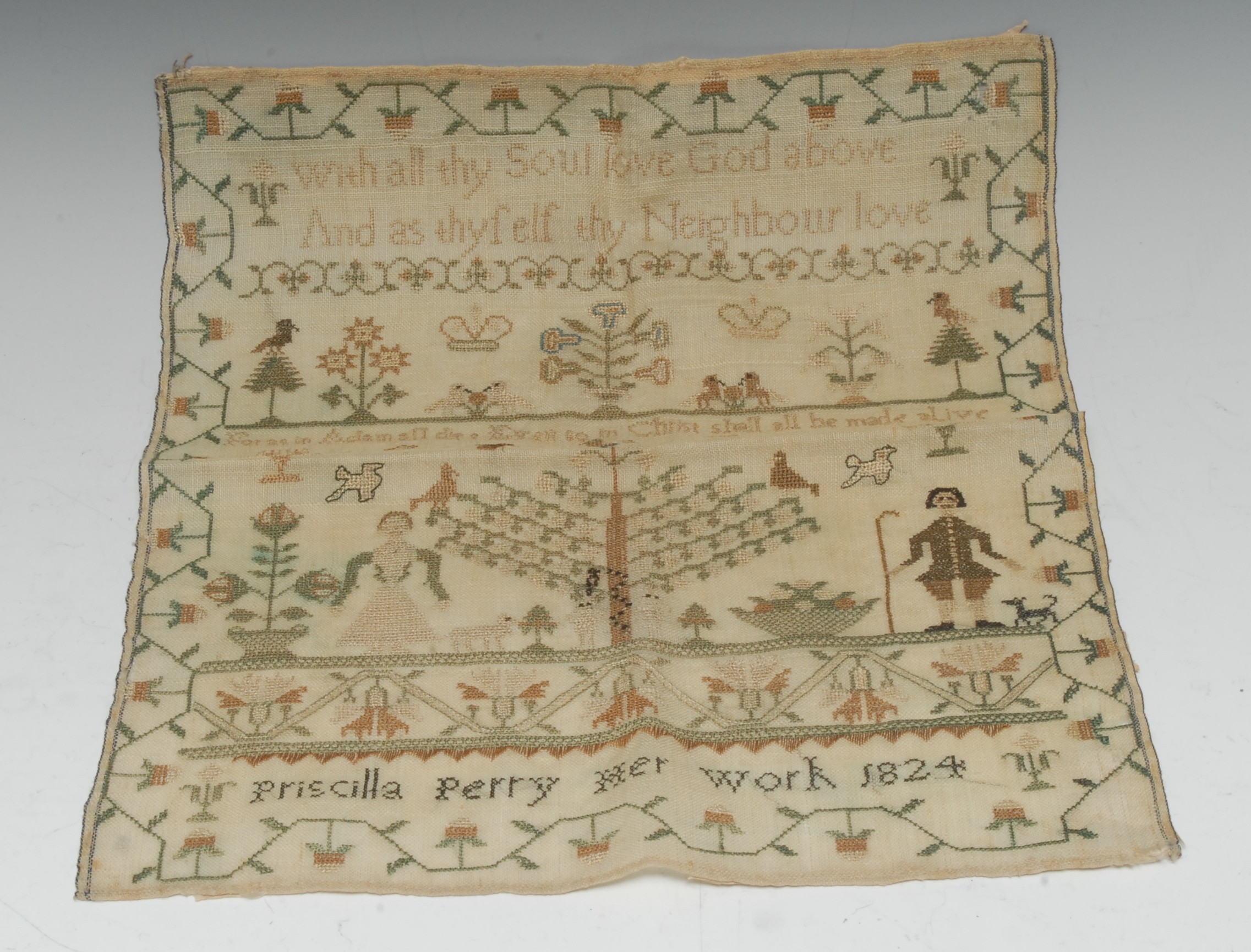 A George IV sampler. embroidered by Priscilla Perry 1824, with Adam and ...