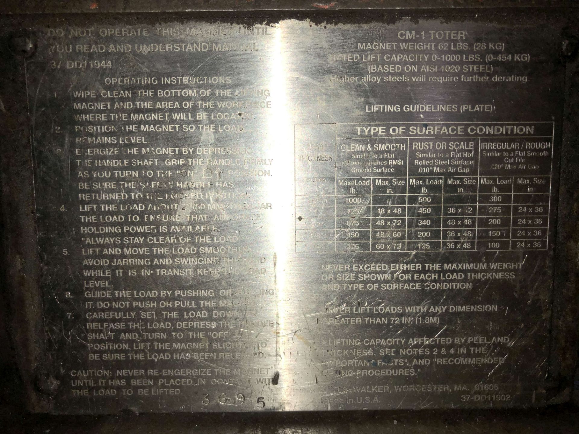 OS Walker CM-1 Toter Permanent Lift Magnet, Rated Lift Capacity: 0 ...