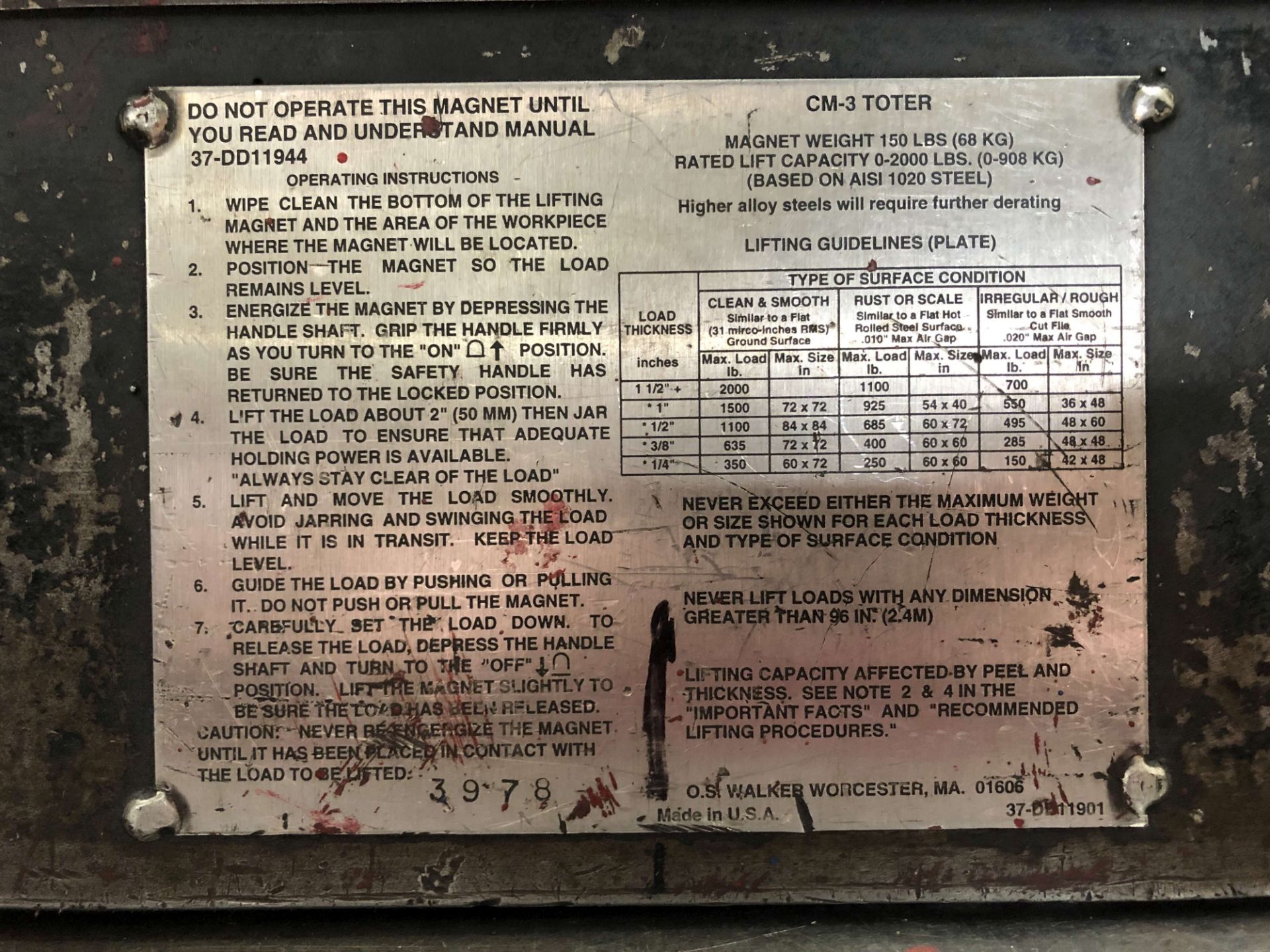 OS Walker CM-3 Toter Permanent Lift Magnet, Rated Lift Capacity: 0 ...