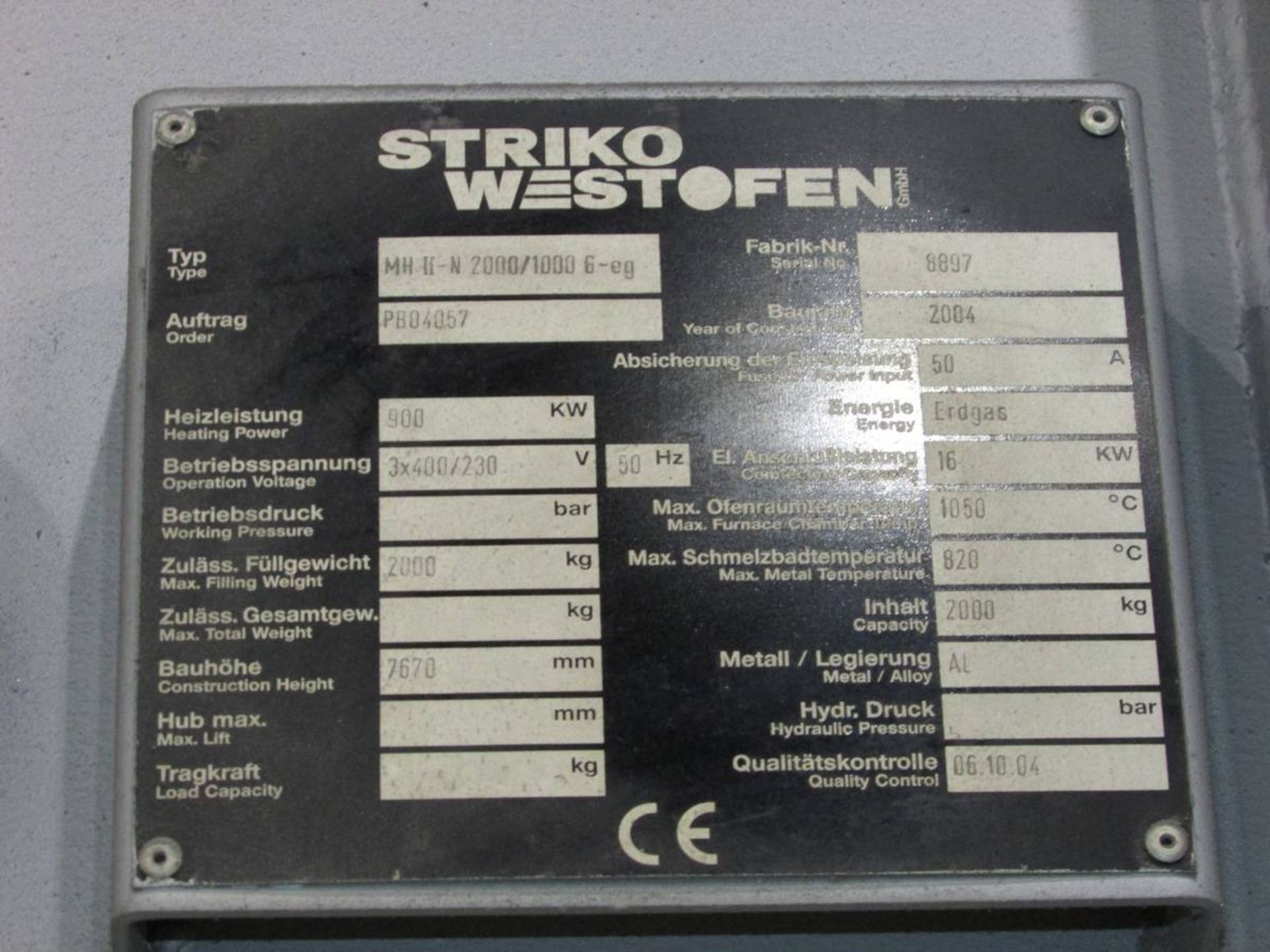 2004 Striko Westofen MH II-N 2000/1000 G-eg Aluminum Melting Furnace ...